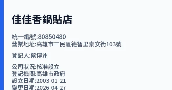 佳佳香鍋貼店的照片-統編 80850480(高雄市) 公司登記資料與營業項目詳細圖表