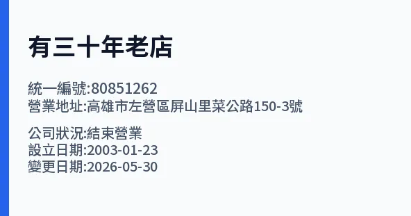 有三十年老店的照片-統編 80851262(高雄市) 公司登記資料與營業項目詳細圖表