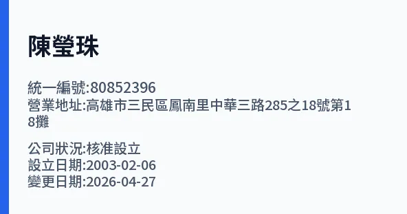 陳瑩珠的照片-統編 80852396(高雄市) 公司登記資料與營業項目詳細圖表