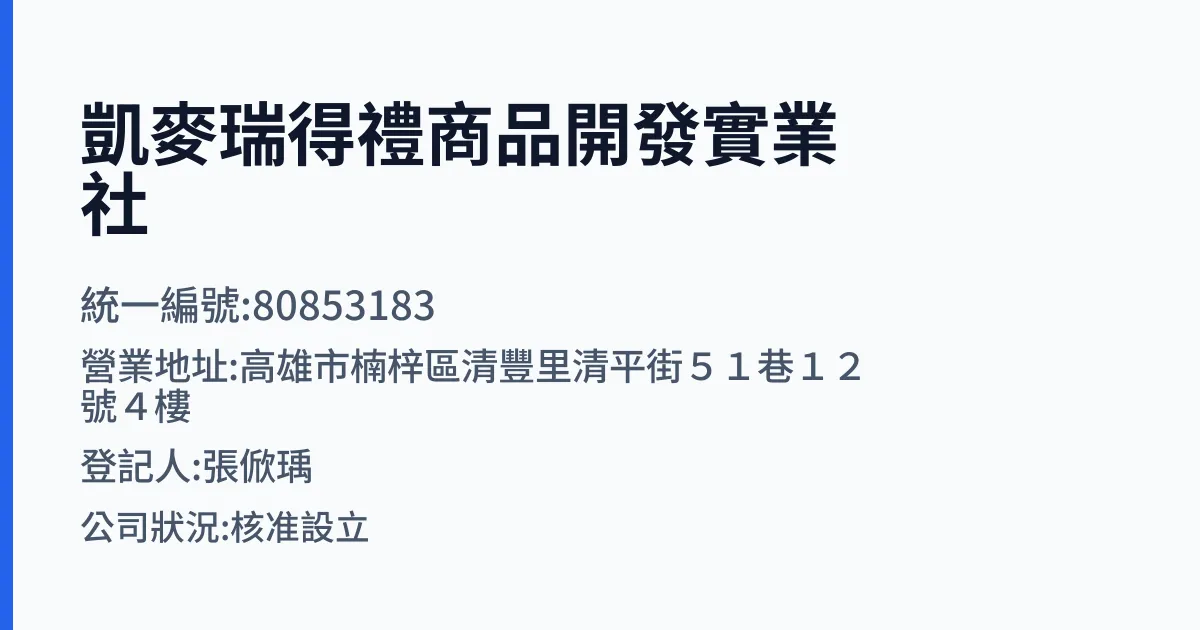 凱麥瑞得禮商品開發實業社 - 統編 80853183(高雄市) 公司登記資料與營業項目詳細圖表