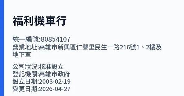 福利機車行的照片-統編 80854107(高雄市) 公司登記資料與營業項目詳細圖表