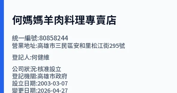 何媽媽羊肉料理專賣店的照片-統編 80858244(高雄市) 公司登記資料與營業項目詳細圖表
