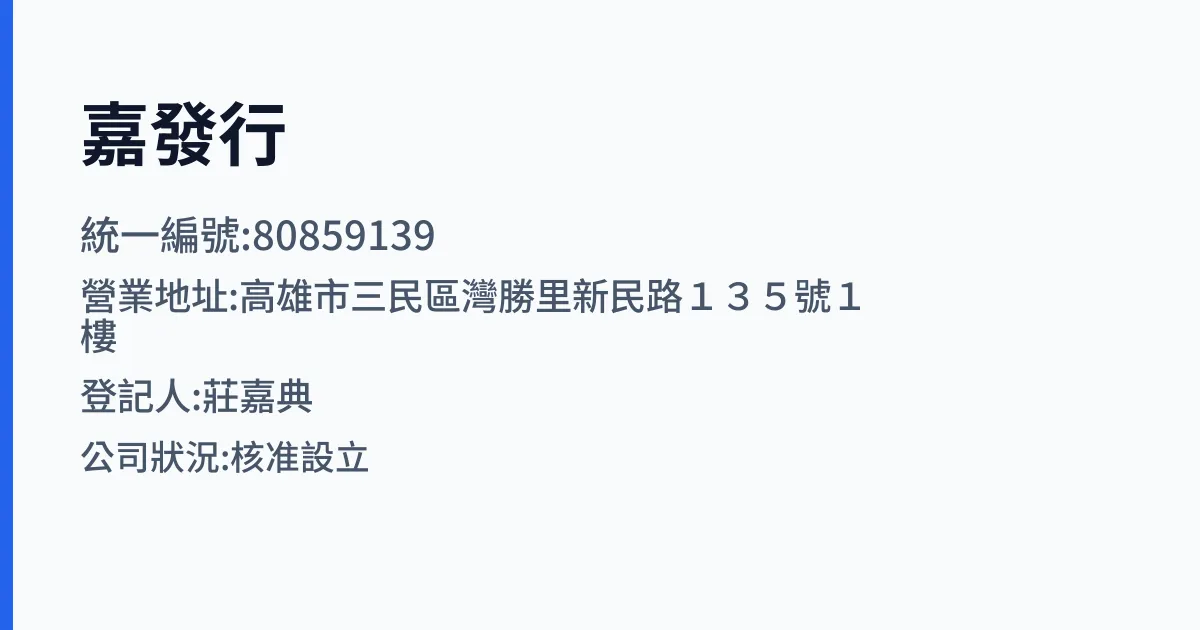 嘉發行 - 統編 80859139(高雄市) 公司登記資料與營業項目詳細圖表