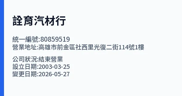 詮育汽材行的照片-統編 80859519(高雄市) 公司登記資料與營業項目詳細圖表