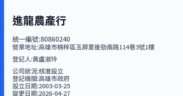 進龍農產行的照片-統編 80860240(高雄市) 公司登記資料與營業項目詳細圖表