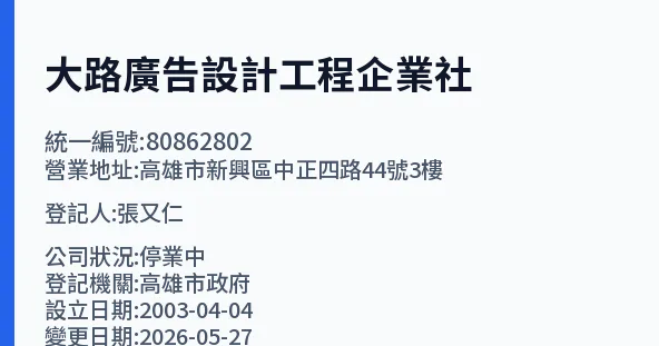 大路廣告設計工程企業社的照片-統編 80862802(高雄市) 公司登記資料與營業項目詳細圖表
