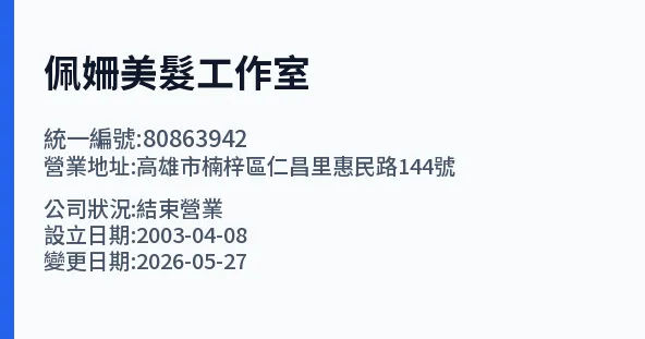 佩姍美髮工作室的照片-統編 80863942(高雄市) 公司登記資料與營業項目詳細圖表