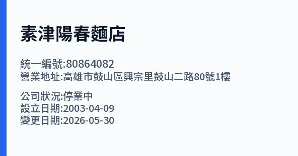 素津陽春麵店的照片-統編 80864082(高雄市) 公司登記資料與營業項目詳細圖表