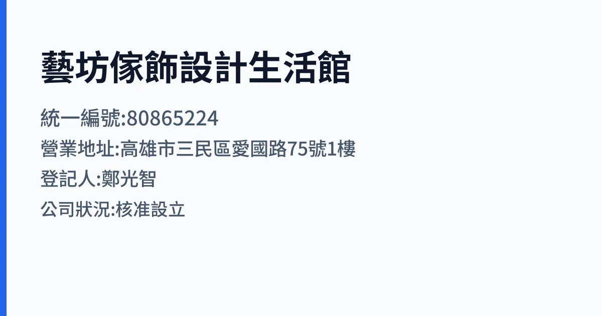 藝坊傢飾設計生活館 - 統編 80865224(高雄市) 公司登記資料與營業項目詳細圖表