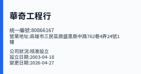 華奇工程行的照片-統編 80866167(高雄市) 公司登記資料與營業項目詳細圖表