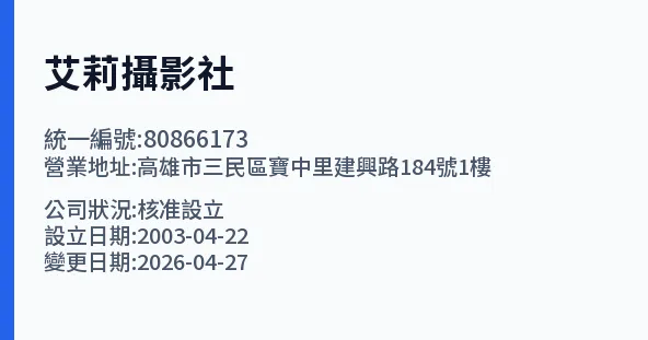 艾莉攝影社的照片-統編 80866173(高雄市) 公司登記資料與營業項目詳細圖表