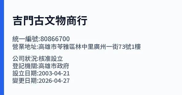 吉門古文物商行的照片-統編 80866700(高雄市) 公司登記資料與營業項目詳細圖表