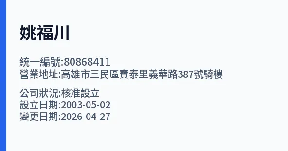 姚福川的照片-統編 80868411(高雄市) 公司登記資料與營業項目詳細圖表