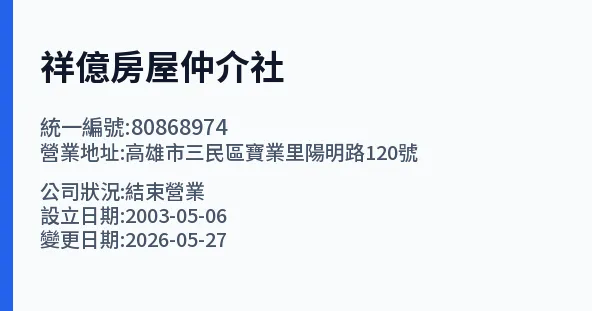 祥億房屋仲介社的照片-統編 80868974(高雄市) 公司登記資料與營業項目詳細圖表