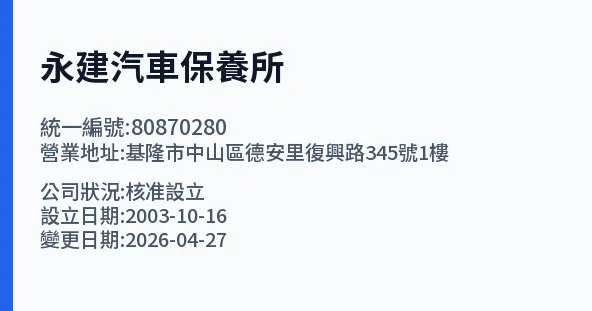 永建汽車保養所的照片-統編 80870280(基隆市) 公司登記資料與營業項目詳細圖表