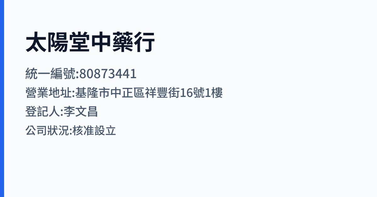 太陽堂中藥行 - 統編 80873441(基隆市) 公司登記資料與營業項目詳細圖表