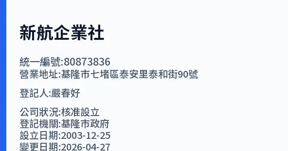 新航企業社的照片-統編 80873836(基隆市) 公司登記資料與營業項目詳細圖表
