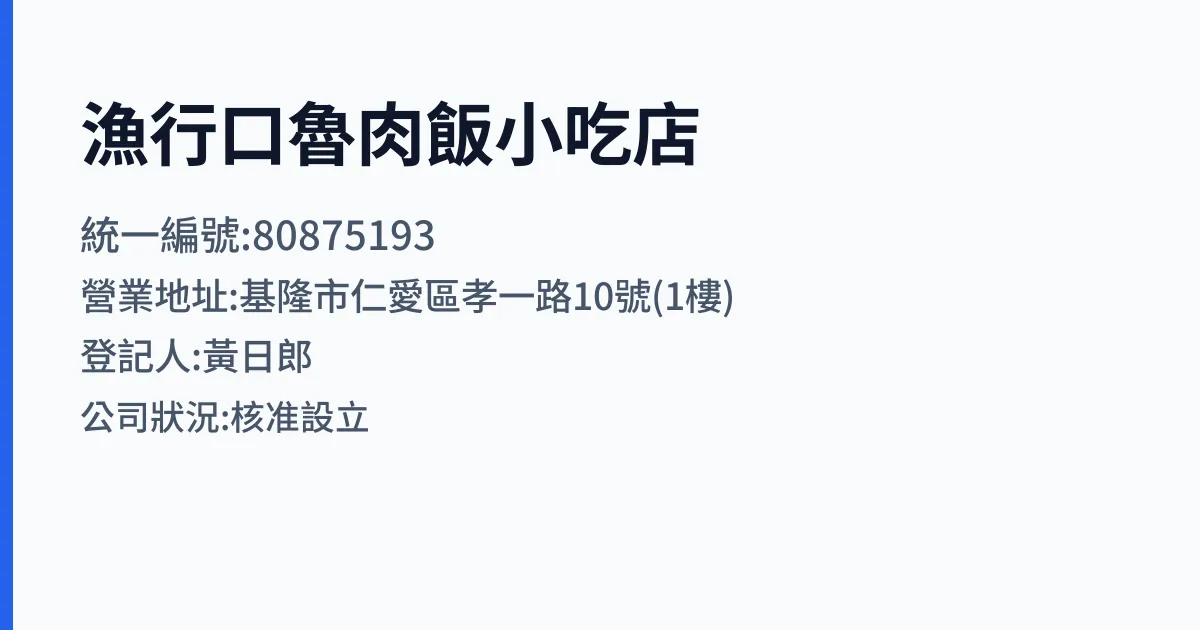 漁行口魯肉飯小吃店 - 統編 80875193(基隆市) 公司登記資料與營業項目詳細圖表