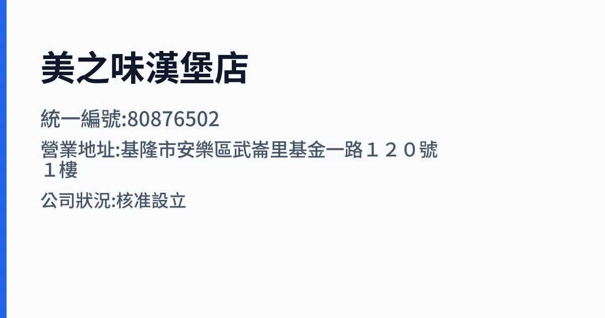 美之味漢堡店 - 統編 80876502(基隆市) 公司登記資料與營業項目詳細圖表