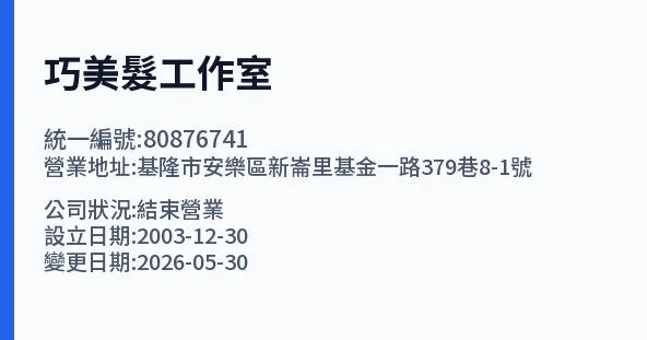 巧美髮工作室的照片-統編 80876741(基隆市) 公司登記資料與營業項目詳細圖表