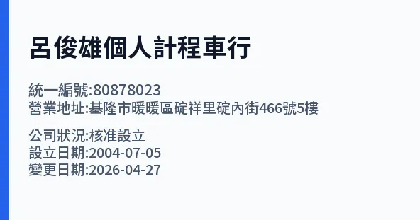 呂俊雄個人計程車行的照片-統編 80878023(基隆市) 公司登記資料與營業項目詳細圖表