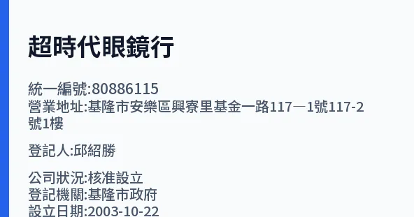 超時代眼鏡行的照片-統編 80886115(基隆市) 公司登記資料與營業項目詳細圖表