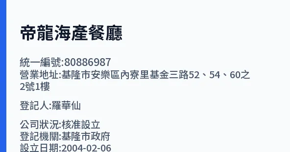 帝龍海產餐廳的照片-統編 80886987(基隆市) 公司登記資料與營業項目詳細圖表