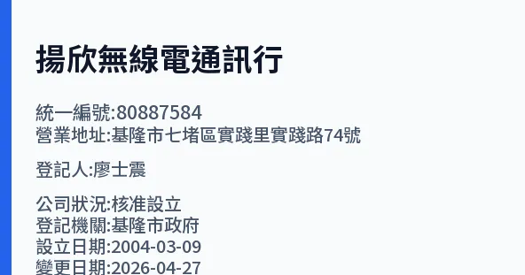 揚欣無線電通訊行的照片-統編 80887584(基隆市) 公司登記資料與營業項目詳細圖表