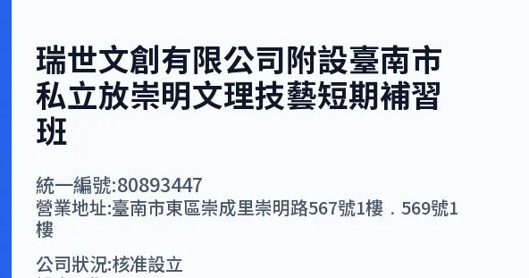 瑞世文創有限公司附設臺南市私立放崇明文理技藝短期補習班的照片-統編 80893447(臺南市) 公司登記資料與營業項目詳細圖表