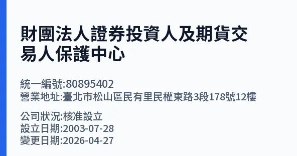 財團法人證券投資人及期貨交易人保護中心的照片-統編 80895402(臺北市) 公司登記資料與營業項目詳細圖表