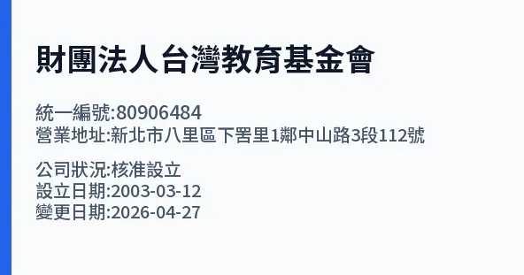 財團法人台灣教育基金會的照片-統編 80906484(新北市) 公司登記資料與營業項目詳細圖表