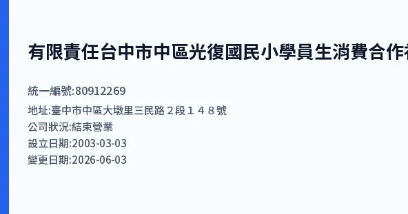 有限責任台中市中區光復國民小學員生消費合作社的照片-統編 80912269(臺中市) 公司登記資料與營業項目詳細圖表