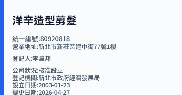 洋辛造型剪髮的照片-統編 80920818(新北市) 公司登記資料與營業項目詳細圖表
