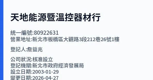 天地能源暨溫控器材行的照片-統編 80922631(新北市) 公司登記資料與營業項目詳細圖表