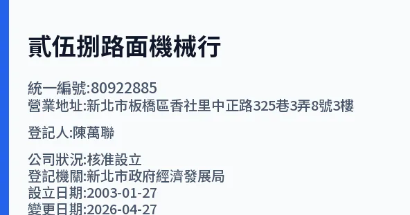 貳伍捌路面機械行的照片-統編 80922885(新北市) 公司登記資料與營業項目詳細圖表