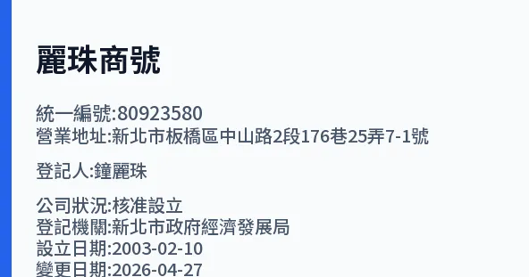 麗珠商號的照片-統編 80923580(新北市) 公司登記資料與營業項目詳細圖表