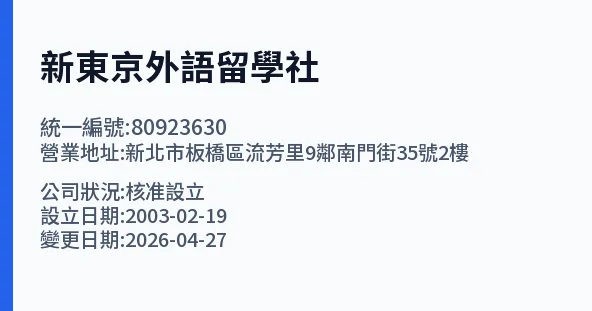 新東京外語留學社的照片-統編 80923630(新北市) 公司登記資料與營業項目詳細圖表