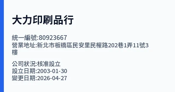 大力印刷品行的照片-統編 80923667(新北市) 公司登記資料與營業項目詳細圖表