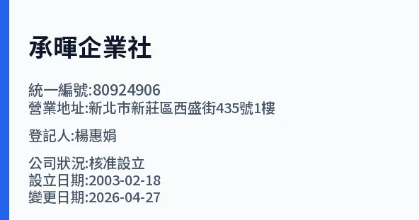 承暉企業社的照片-統編 80924906(新北市) 公司登記資料與營業項目詳細圖表