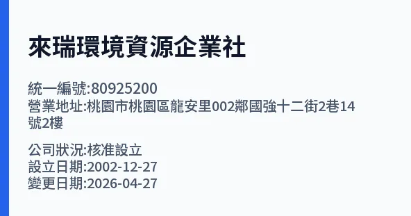 來瑞環境資源企業社的照片-統編 80925200(桃園市) 公司登記資料與營業項目詳細圖表