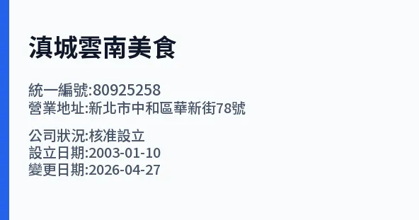 滇城雲南美食的照片-統編 80925258(新北市) 公司登記資料與營業項目詳細圖表
