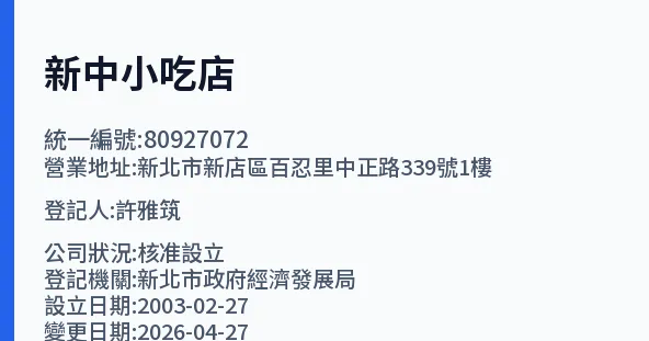 新中小吃店的照片-統編 80927072(新北市) 公司登記資料與營業項目詳細圖表