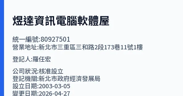 煜達資訊電腦軟體屋的照片-統編 80927501(新北市) 公司登記資料與營業項目詳細圖表