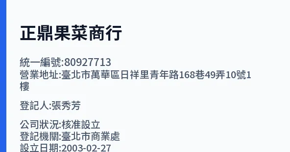 正鼎果菜商行的照片-統編 80927713(臺北市) 公司登記資料與營業項目詳細圖表