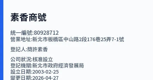 素香商號的照片-統編 80928712(新北市) 公司登記資料與營業項目詳細圖表