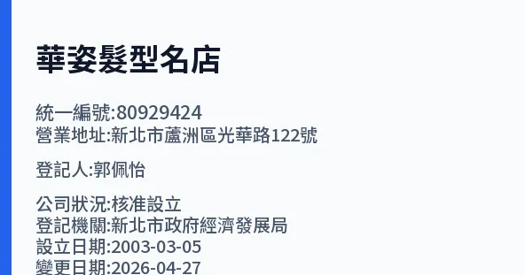 華姿髮型名店的照片-統編 80929424(新北市) 公司登記資料與營業項目詳細圖表