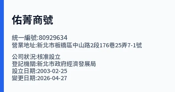佑菁商號的照片-統編 80929634(新北市) 公司登記資料與營業項目詳細圖表