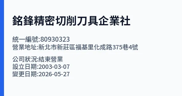 銘鋒精密切削刀具企業社的照片-統編 80930323(新北市) 公司登記資料與營業項目詳細圖表