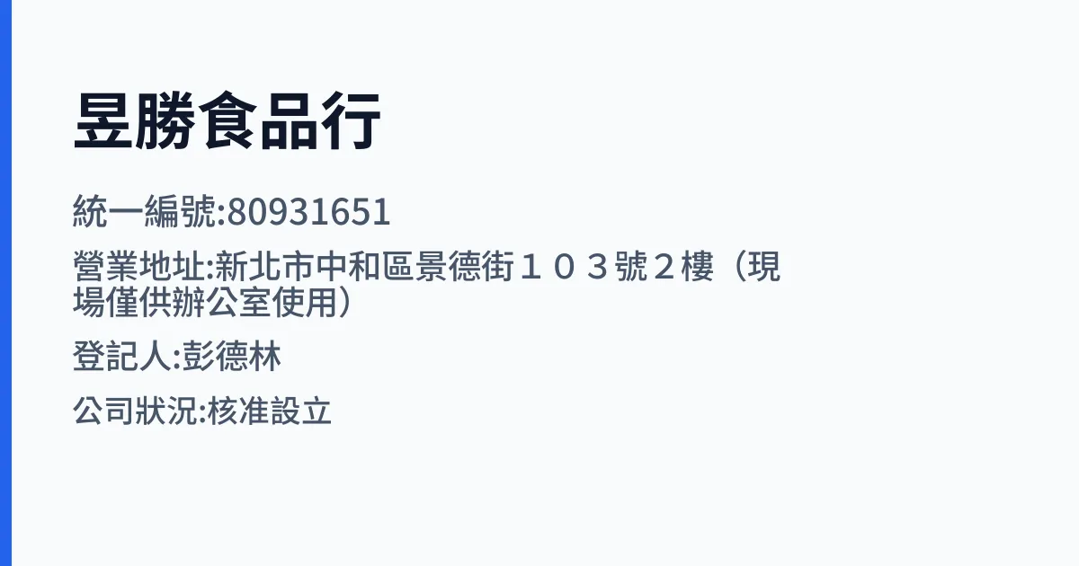 昱勝食品行 - 統編 80931651(新北市) 公司登記資料與營業項目詳細圖表