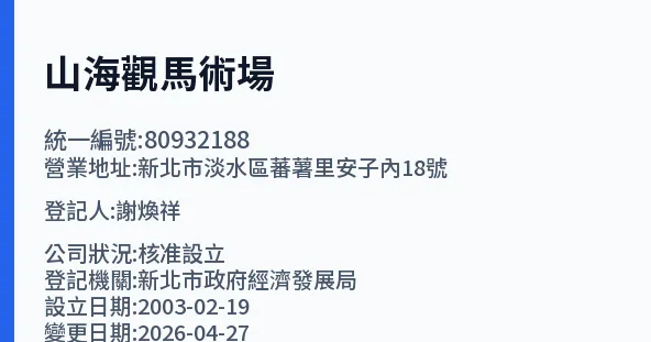 山海觀馬術場的照片-統編 80932188(新北市) 公司登記資料與營業項目詳細圖表